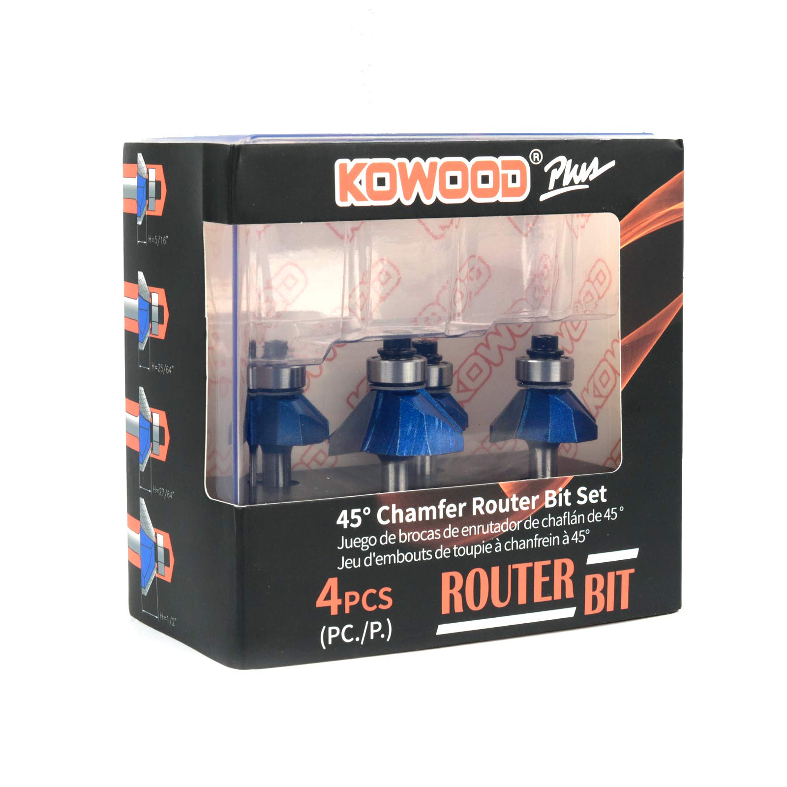 KOWOOD Plus 45 Degree Chamfer Router Bit Set, 1/4 Inch Shank, Cutting Diameter in 1/4”, 5/16”, 3/8”, 1/2”.KOWOOD C3 Carbide. Ideal for Angled Edges, Clean Edge or Decorative Pieces