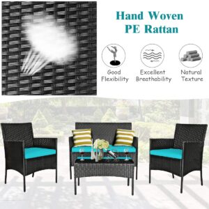 Tangkula 8 Piece Patio Furniture Set, Outdoor Wicker Conversation Set with Tempered Glass Coffee Table, Rattan Loveseat & Chairs Set with Seat Cushions for Backyard, Garden, Poolside (2, Turquoise)