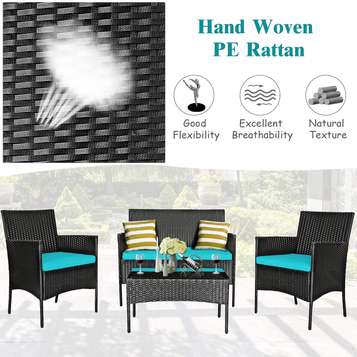 Tangkula 8 Piece Patio Furniture Set, Outdoor Wicker Conversation Set with Tempered Glass Coffee Table, Rattan Loveseat & Chairs Set with Seat Cushions for Backyard, Garden, Poolside (2, Turquoise)