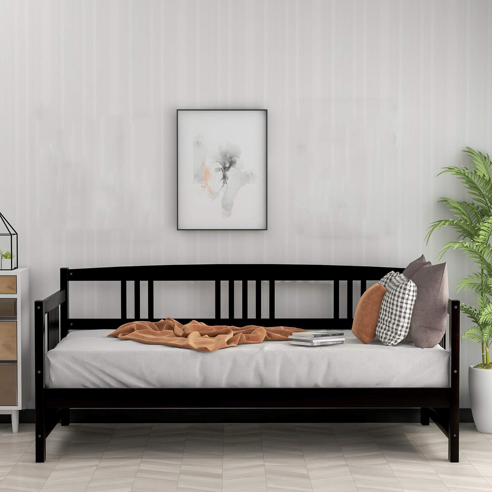 Merax Daybed Twin Bed Wooden Slats Support Modern Living Daybed with Rails, Twin Size, Dark Espresso