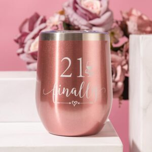 Crisky Rose Gold 21 & Finally Wine Tumbler for Girl 21st Birthday Gifts Funny Ideas for Girlfriend, Sister, Friends, Daughter, Her Wine Glass, Vacuum Insulated Coffee Cup 12oz, with Box, Lid and Straw