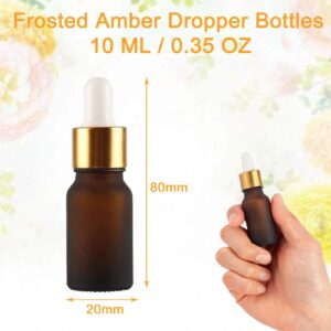 Alledomain 10Pcs, 10ml Frosted Amber Glass Bottles with Glass Pipettes, Mini Empty Dropper Bottles Gold Metal Cap Refillable Sample Container for Essential Oil/Aromatherapy Blends/Chemical Liquid