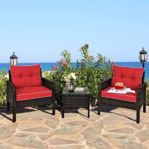 DORTALA 3 Piece Patio Furniture Set, Outdoor Rattan Wicker Conversation Set with Cushions, Glass Top Coffee Table for Garden Balcony Poolside, Red