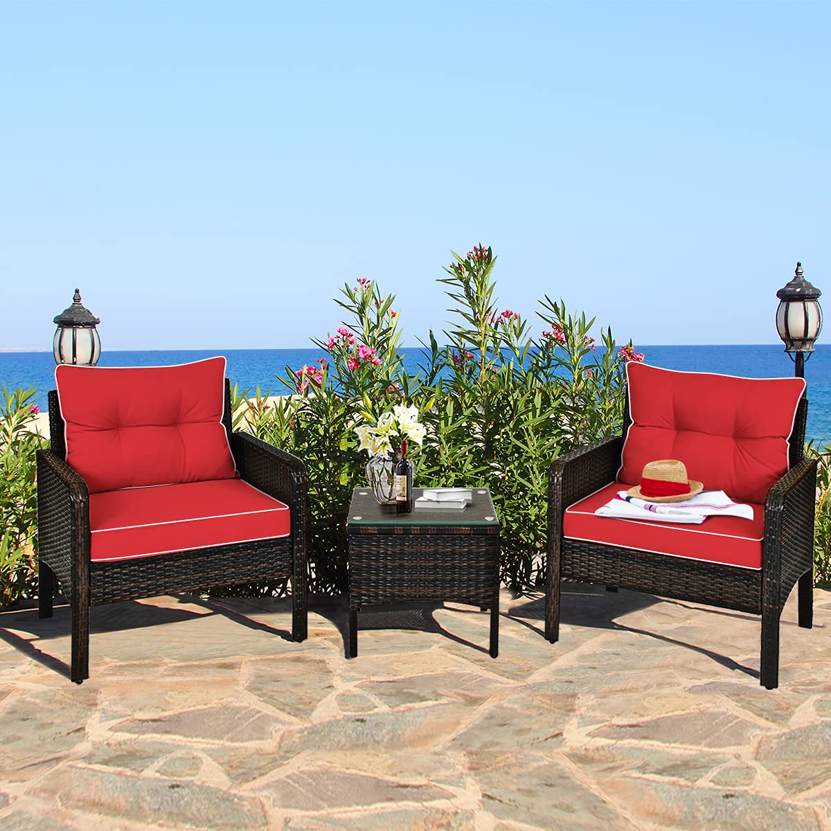 DORTALA 3 Piece Patio Furniture Set, Outdoor Rattan Wicker Conversation Set with Cushions, Glass Top Coffee Table for Garden Balcony Poolside, Red