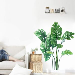 Leaf Wall Decals Monstera Leaf Tropical Plants Wall Stickers for Living Room, Palm Leaf Wall Posters Natural Green Plants Art Murals Vinyl Wallpaper for Bedroom Nursery Office