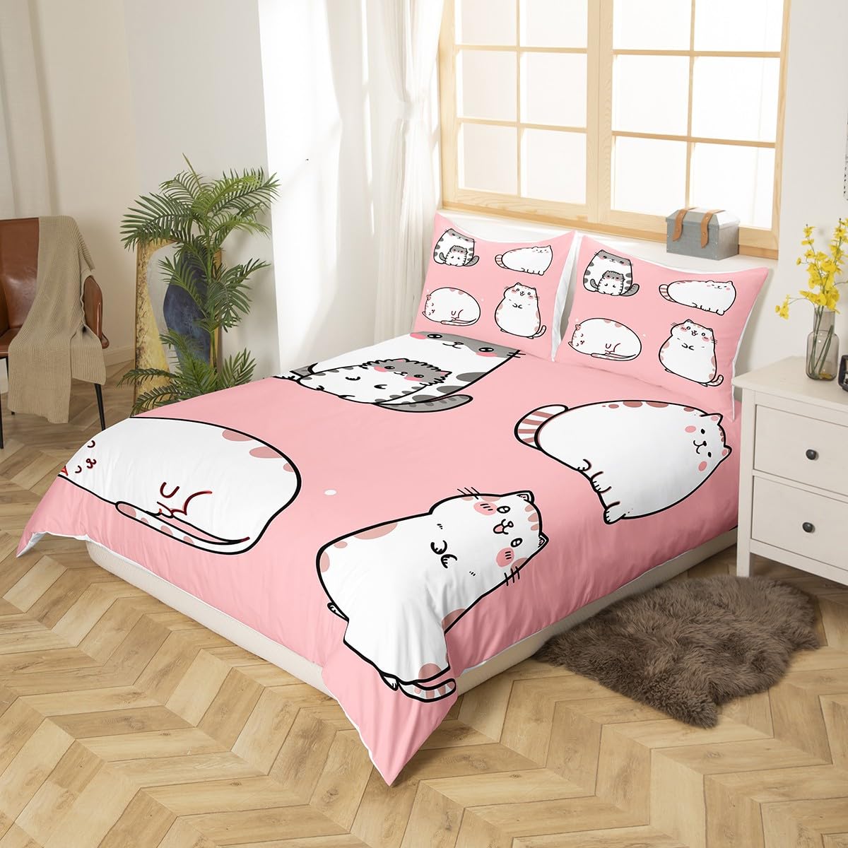 Feelyou Kids Cat Comforter Cover Girls Cute Pet Cats Pattern Bedding Set Cartoon Kitten Print Duvet Cover for Children Boys Microfiber Lovely Animal Bedspread Cover Room Decor Bedclothes Twin Size