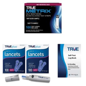 1x 100ct true metrix test strips + 2x 100ct 30g trueplus lancets + trueplus lancing device + trueplus log book