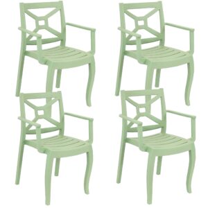 sunnydaze tristana plastic outdoor patio arm chair - set of 4 - stackable seating - green