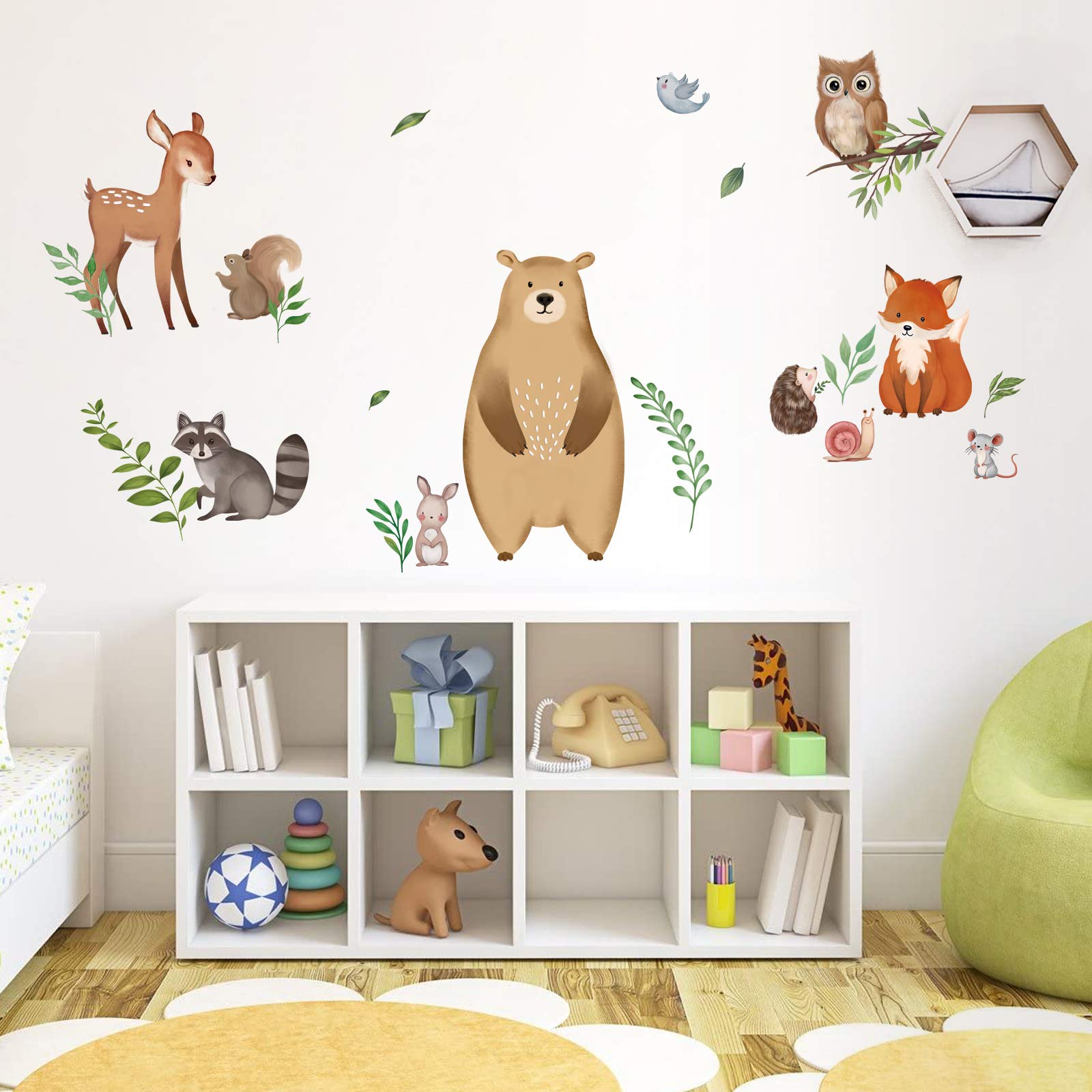 decalmile Large Woodland Animals Leaf Wall Decals Bear Fox Deer Wall Stickers Baby Nursery Kids Bedroom Classroom Wall Decor