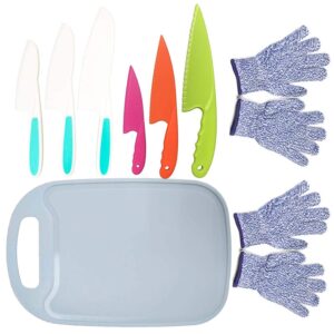 11pcs kids plastic knife set,kids safe knife set with 2 pair cut resistant gloves (ages 6-12) & cutting board,kids cooking tool bpa-free ,salad (blue)