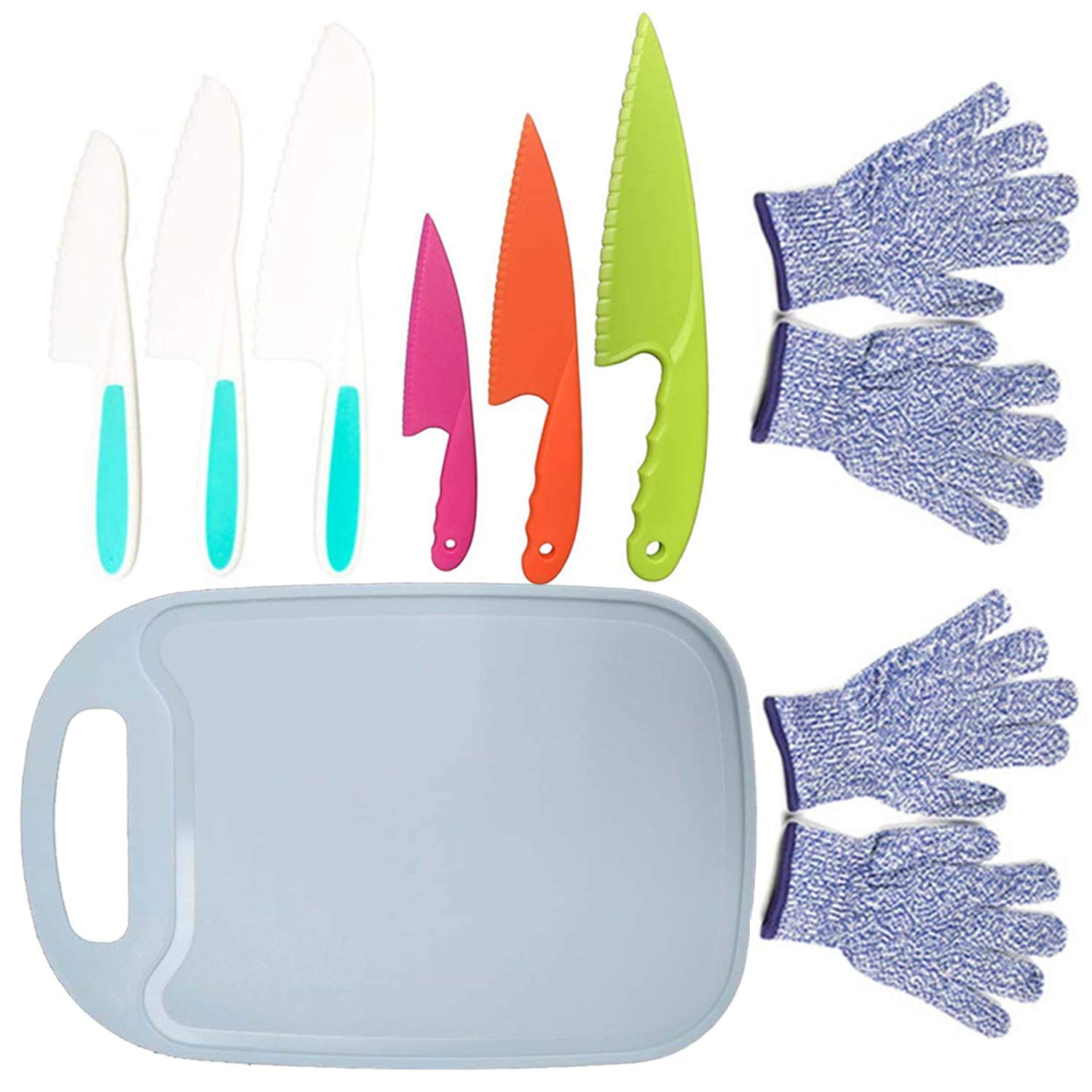 11PCS Kids Plastic Knife Set,Kids Safe Knife Set with 2 Pair Cut Resistant Gloves (Ages 6-12) & Cutting Board,Kids Cooking Tool BPA-Free ,Salad (Blue)