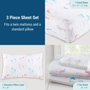 Wildkin Kids 100% Cotton Flannel Twin Sheet Set for Boys & Girls, Bedding Set Includes Fitted Sheet, Top Sheet & Pillow Case, Bed Sheets for Cozy Cuddle (Unicorn)