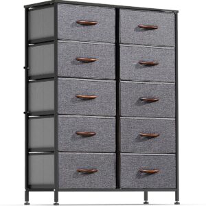 waytrim 10 drawer storage organizer, 10-drawer dresser, 10 fabric storage tower for bedroom, tall wide dresser, for hallway, dormitory, closet, living room, sturdy steel frame, wooden top - (grey)