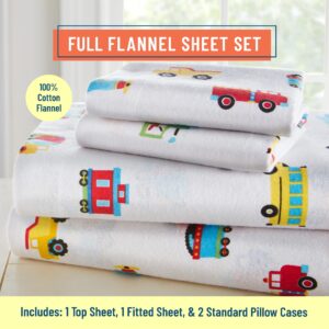 Wildkin Kids 100% Cotton Flannel Full Sheet Set for Boys & Girls, Bedding Set Includes Top Sheet, Fitted Sheet & Pillow Case, Bed Sheets for Cozy Cuddles (Trains, Planes & Trucks)