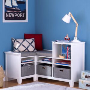 martha stewart kids' corner nook - creamy white: wooden storage bench bookcase organizer with seat cushion and fabric bins for reading in bedroom or playroom