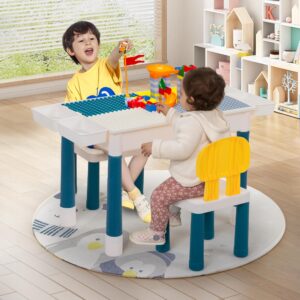 Sandinrayli 7-in-1 Kid Activity Table Set w/2 Chairs & 100Pcs Large Size Blocks, Compatible with Classic Blocks, Water/Sand Table, Building Block Table for Toddler (Macaron)