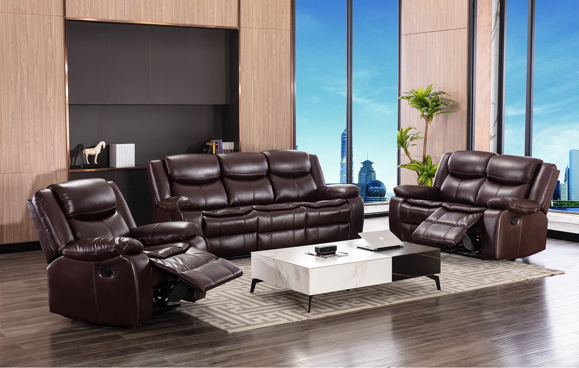 Familymill Breathable Leather Manual Reclining Sofa Sets with Recliner, Loveseat and 3-Seat Sofa for Living Room