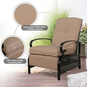 Iwicker Outdoor Adjustable Recliner Chair with Cushion, Patio Adjustable Lounge Chair with Armrests, Beige