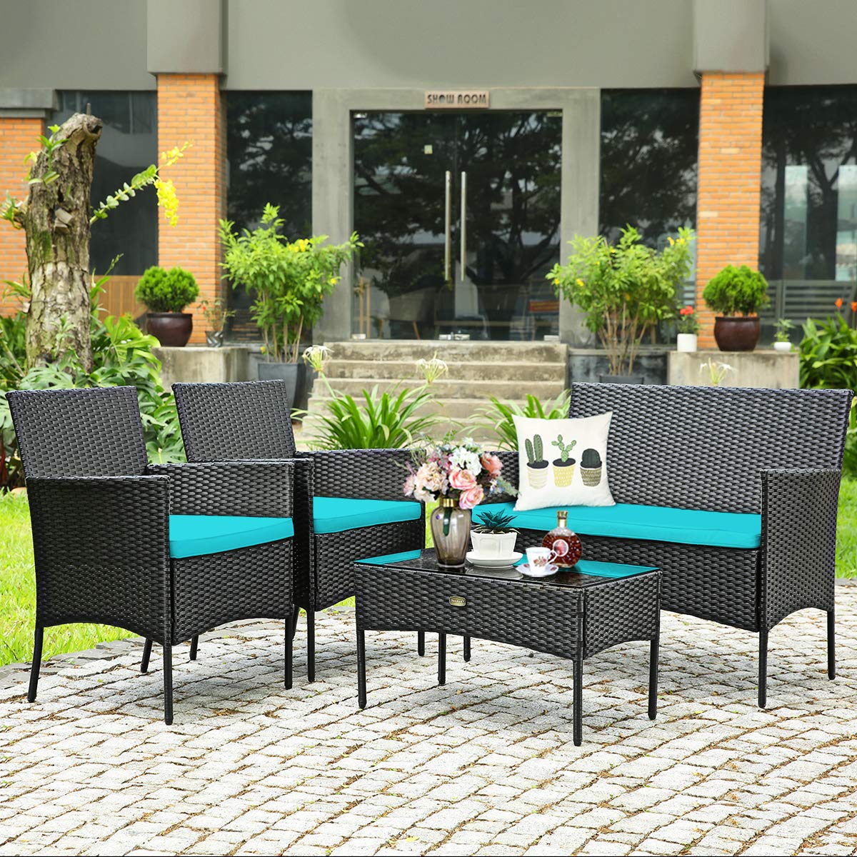 Tangkula 8 Piece Patio Furniture Set, Outdoor Wicker Conversation Set with Tempered Glass Coffee Table, Rattan Loveseat & Chairs Set with Seat Cushions for Backyard, Garden, Poolside (2, Turquoise)