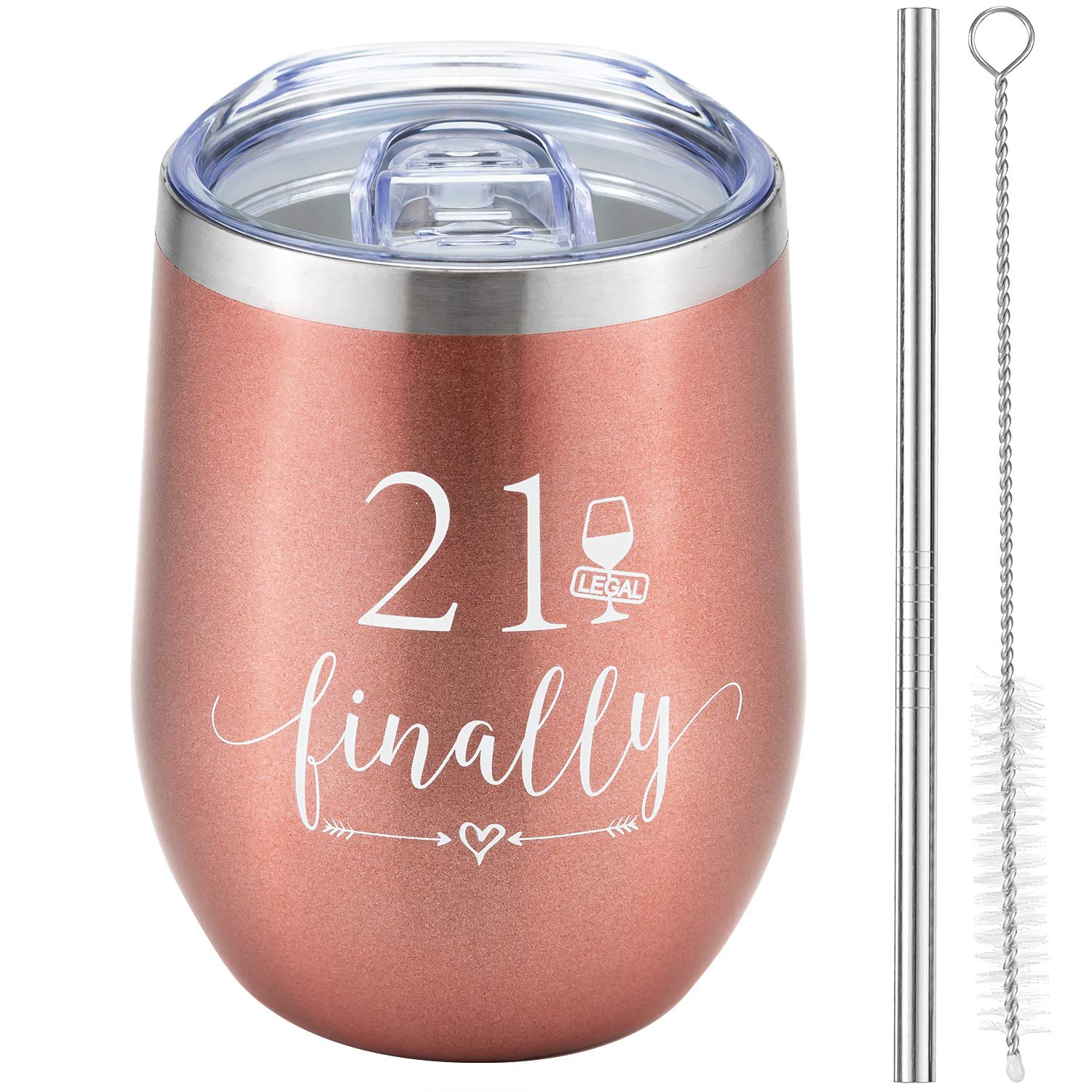 Crisky Rose Gold 21 & Finally Wine Tumbler for Girl 21st Birthday Gifts Funny Ideas for Girlfriend, Sister, Friends, Daughter, Her Wine Glass, Vacuum Insulated Coffee Cup 12oz, with Box, Lid and Straw