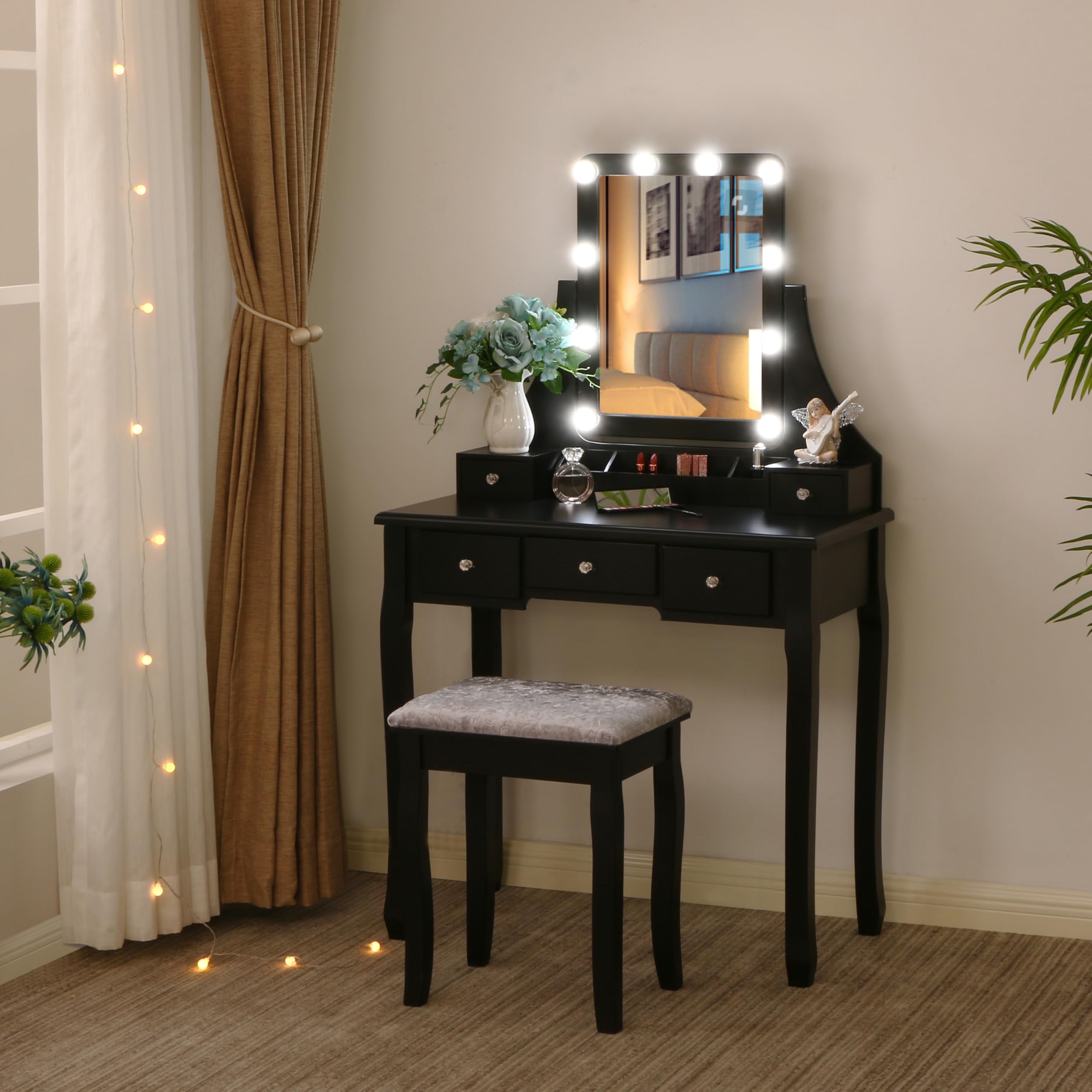 BEWISHOME Vanity Set with Lighted Mirror, 10 LED Dimmable Bulbs, Cushioned Stool, Makeup Vanity Makeup Table Dressing Table 5 Drawers 2 Dividers Removable Organizers Black FST08H