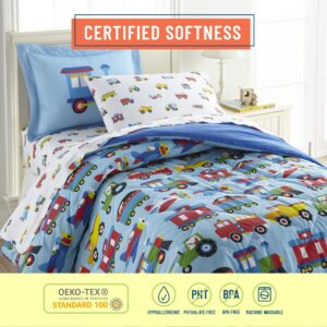 Wildkin Kids 100% Cotton Flannel Full Sheet Set for Boys & Girls, Bedding Set Includes Top Sheet, Fitted Sheet & Pillow Case, Bed Sheets for Cozy Cuddles (Trains, Planes & Trucks)