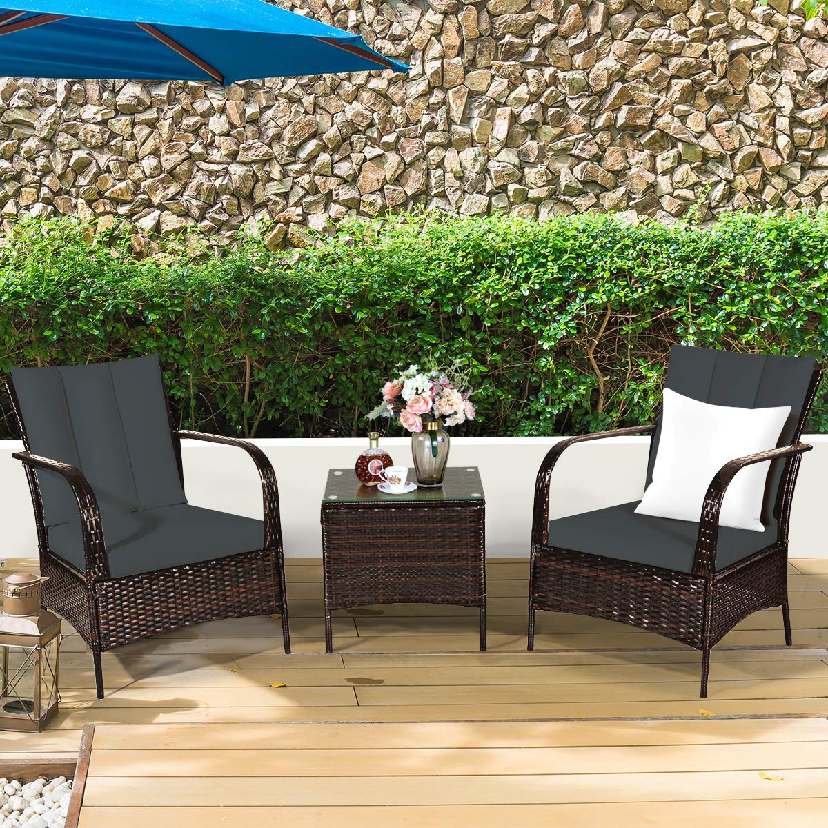 DORTALA 3 Piece Wicker Patio Furniture Set, Outdoor PE Rattan Conversation Set with Chairs, Cushions & Coffee Table for Patio Garden Poolside, Grey