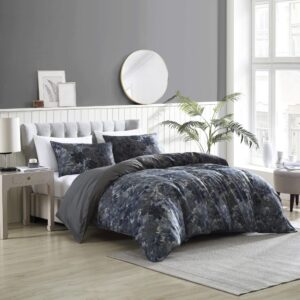 brielle camila floral printed/charcoal reverse 100% cotton duvet cover set, blue/charcoal, full/queen