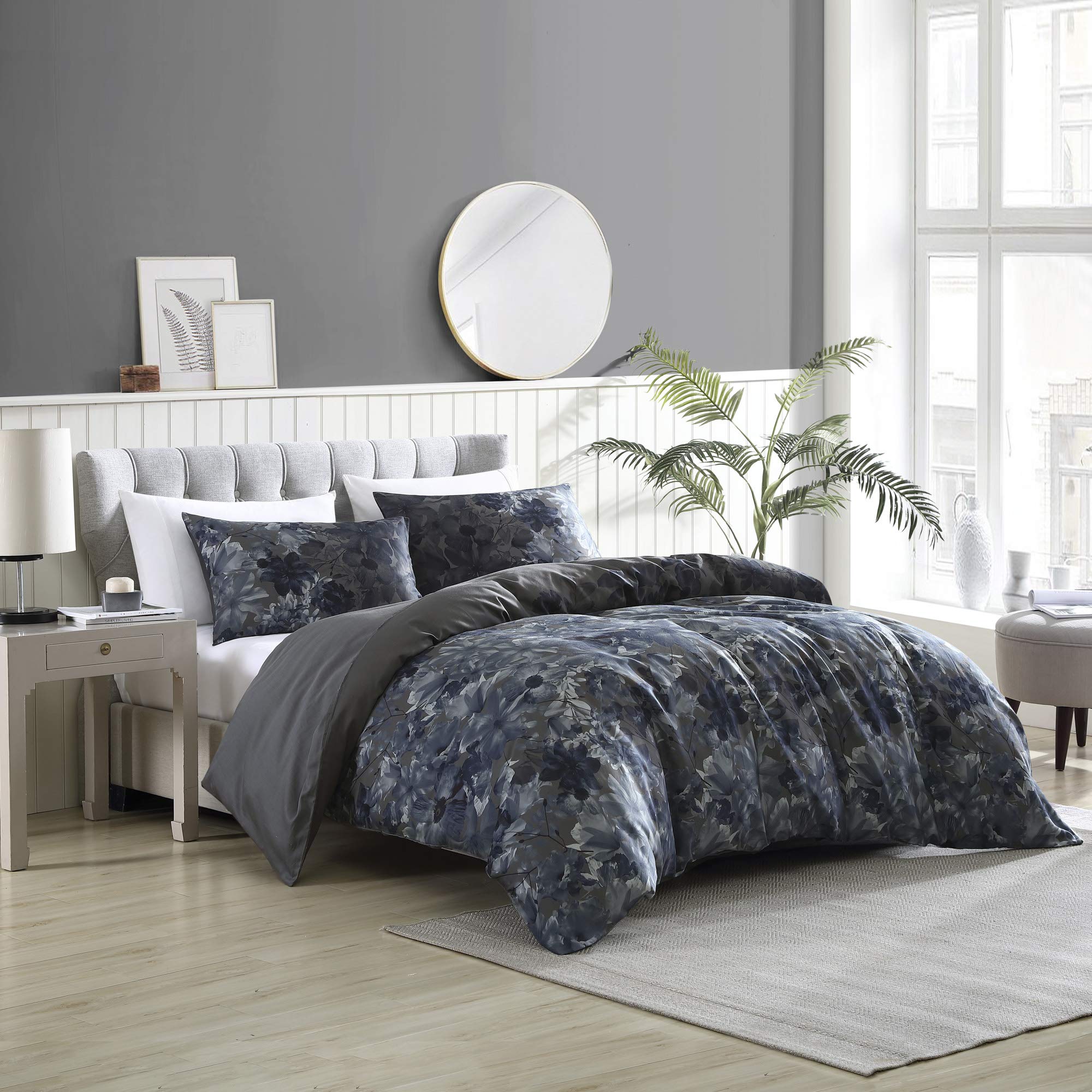 Brielle Camila Floral Printed/Charcoal Reverse 100% Cotton Duvet Cover Set, Blue/Charcoal, Full/Queen