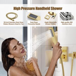 ESNBIA Gold Shower Head, Rainfall Shower System with 10 Inches Rain Shower Head, All Metal Shower Faucet Set with Shower Valve, Wall Mounted Shower Fixtures, Brushed Gold