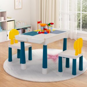 Sandinrayli 7-in-1 Kid Activity Table Set w/2 Chairs & 100Pcs Large Size Blocks, Compatible with Classic Blocks, Water/Sand Table, Building Block Table for Toddler (Macaron)