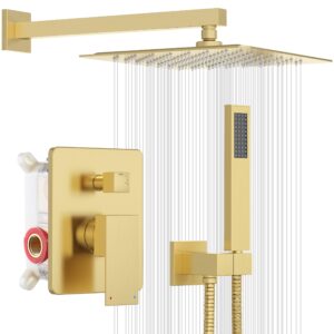 esnbia gold shower head, rainfall shower system with 10 inches rain shower head, all metal shower faucet set with shower valve, wall mounted shower fixtures, brushed gold