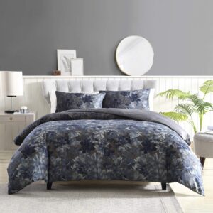 Brielle Camila Floral Printed/Charcoal Reverse 100% Cotton Duvet Cover Set, Blue/Charcoal, Full/Queen