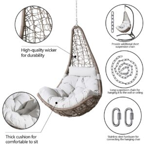 Ulax Furniture Outdoor Wicker Hanging Chair Swing, Patio Hanging Basket Swing Chair with Hanging Steel Chain (Beige)