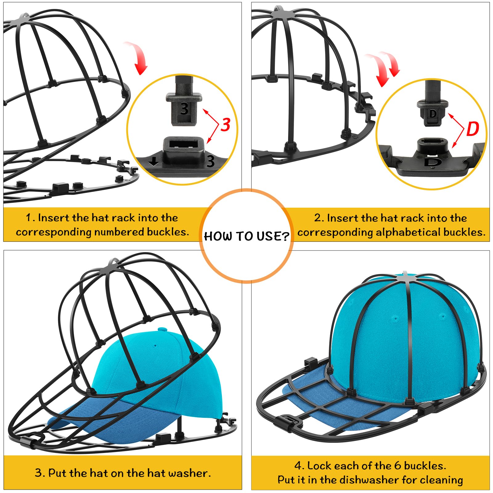 Hat Washer Cage for Washing Machine, Ball Cap Washer for Baseball Caps, Hat Cleaner Washing Cage for Dishwasher Fit for Adult and Kid's (Black)