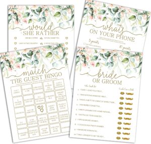 all ewired up bridal shower bachelorette games, floral watercolor greenery sage gold blush, he said she said, find the guest quest, would she rather, what's in your phone game, 25 games each…