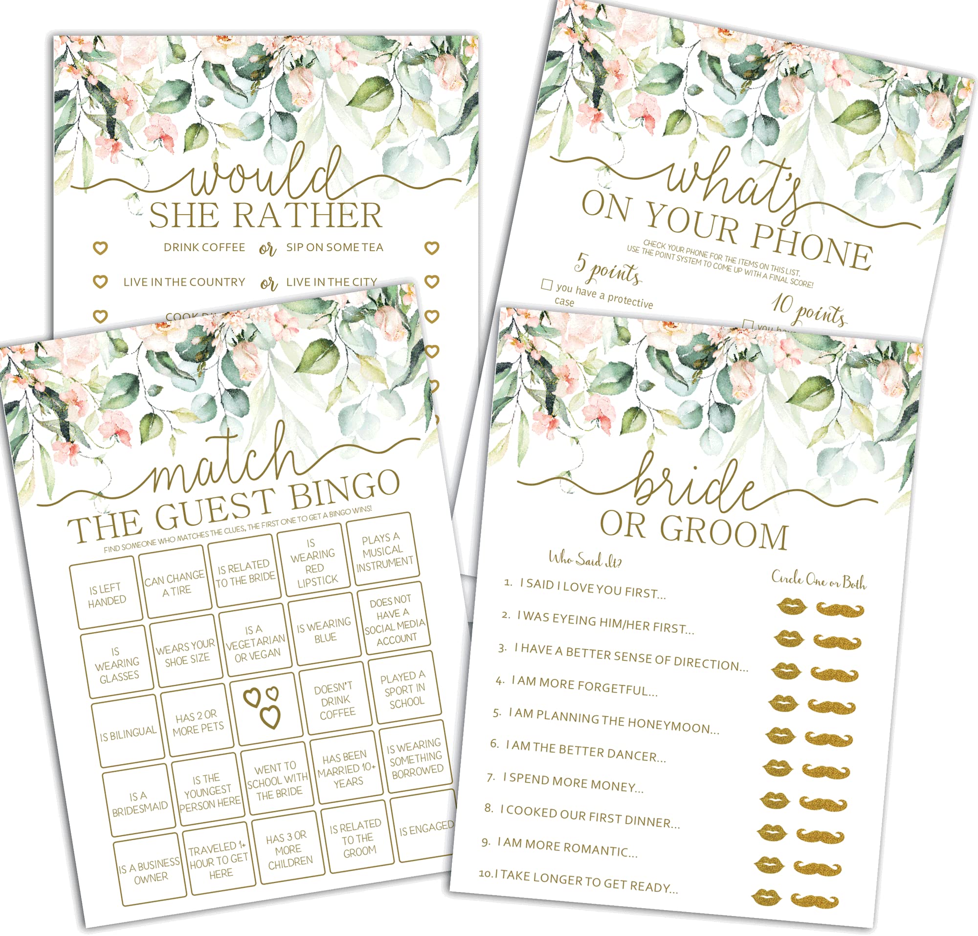 All Ewired Up Bridal Shower Bachelorette Games, Floral Watercolor Greenery Sage Gold Blush, He Said She Said, Find The Guest Quest, Would She Rather, What's in Your Phone Game, 25 Games Each…