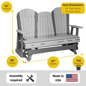 LuxCraft 5' Adirondack Double Glider Bench, 2 Person Glider Chair, Outdoor Glider Bench, Outdoor Loveseat Glider (Dove Gray on Black)