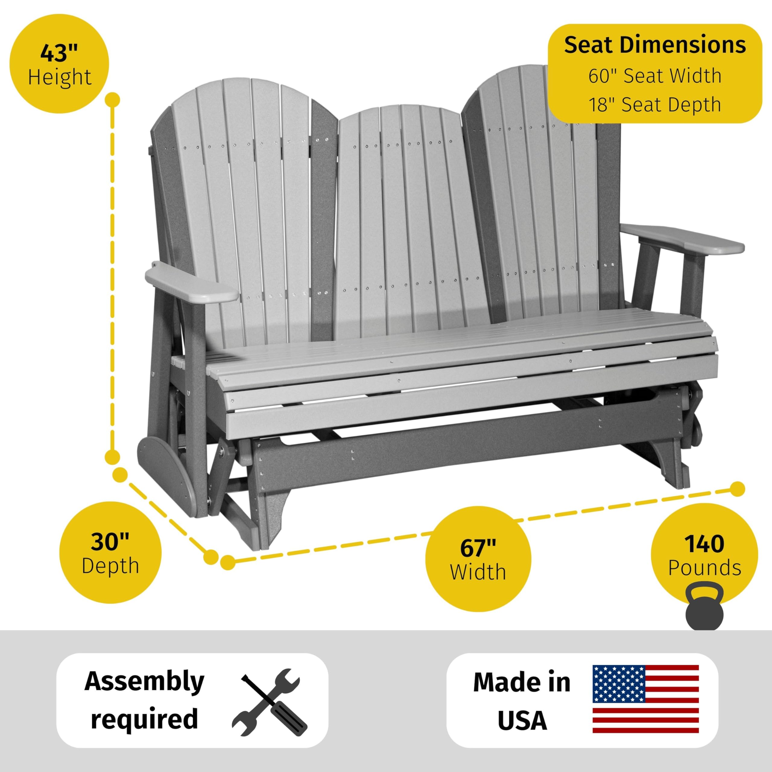 LuxCraft 5' Adirondack Double Glider Bench, 2 Person Glider Chair, Outdoor Glider Bench, Outdoor Loveseat Glider (Dove Gray on Black)