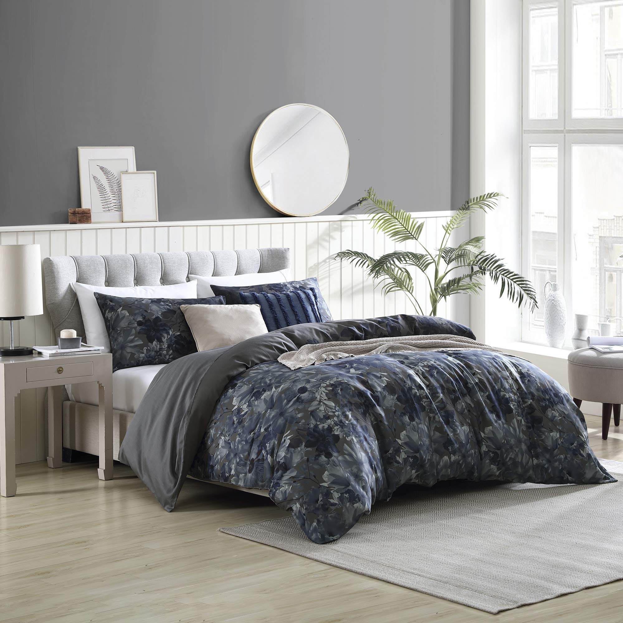 Brielle Camila Floral Printed/Charcoal Reverse 100% Cotton Duvet Cover Set, Blue/Charcoal, Full/Queen