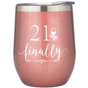 crisky rose gold 21 & finally wine tumbler for girl 21st birthday gifts funny ideas for girlfriend, sister, friends, daughter, her wine glass, vacuum insulated coffee cup 12oz, with box, lid and straw