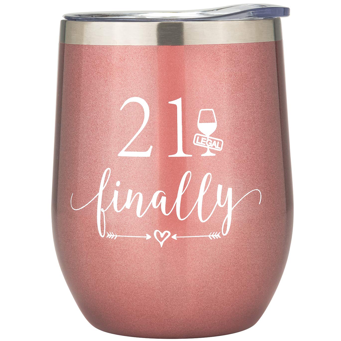 Crisky Rose Gold 21 & Finally Wine Tumbler for Girl 21st Birthday Gifts Funny Ideas for Girlfriend, Sister, Friends, Daughter, Her Wine Glass, Vacuum Insulated Coffee Cup 12oz, with Box, Lid and Straw