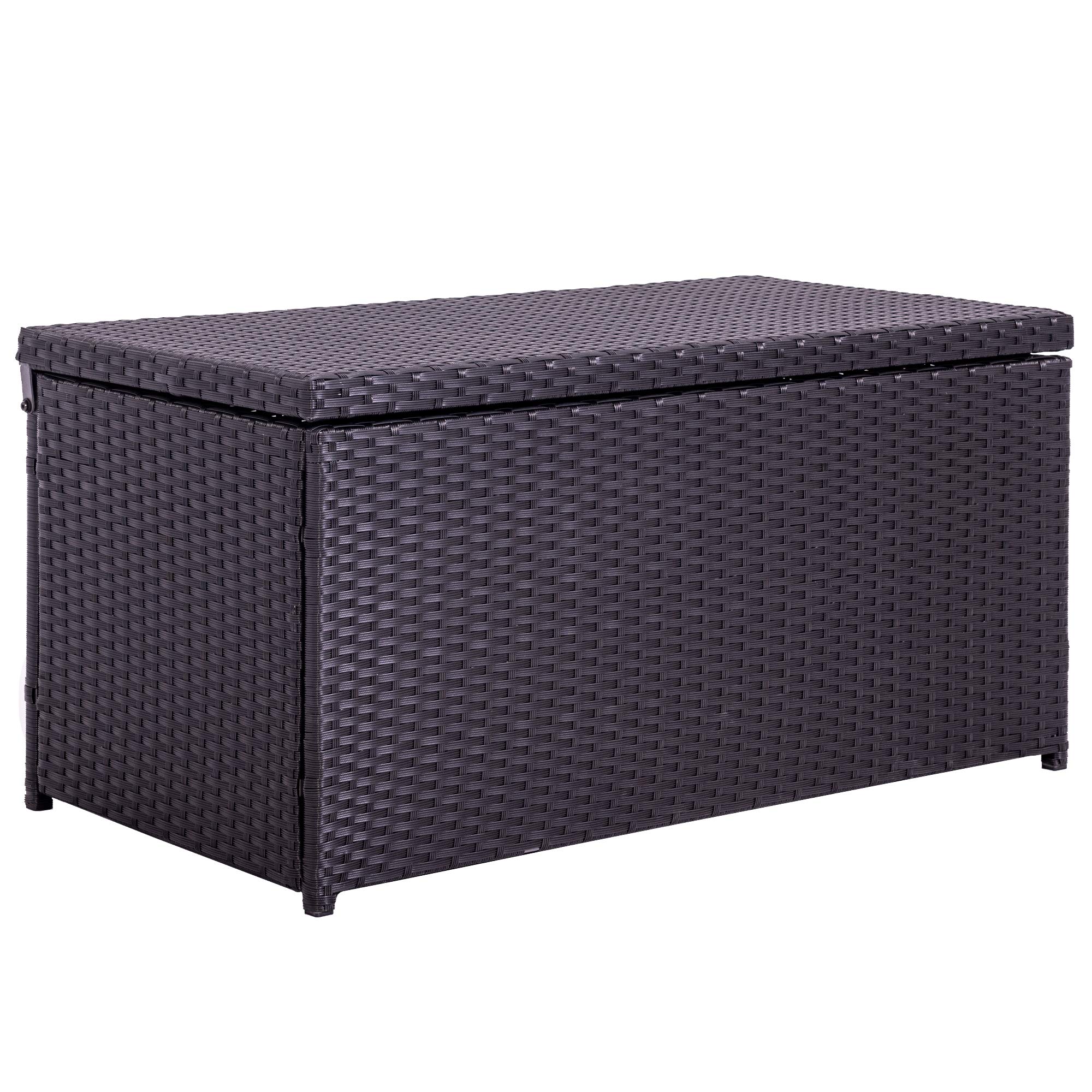 Aura Outdoor Patio Pool Wicker Storage Box, 70 Gallon Outdoor Cushion Storage Container, Outdoor Storage Bin for Cushins, Garden Supplies - PE Wicker Rattan, Aluminum, Black