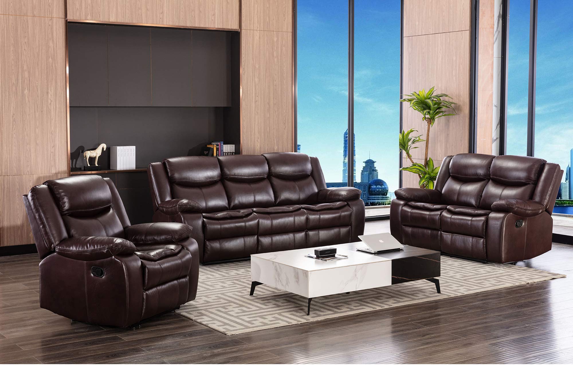 Familymill Breathable Leather Manual Reclining Sofa Sets with Recliner, Loveseat and 3-Seat Sofa for Living Room