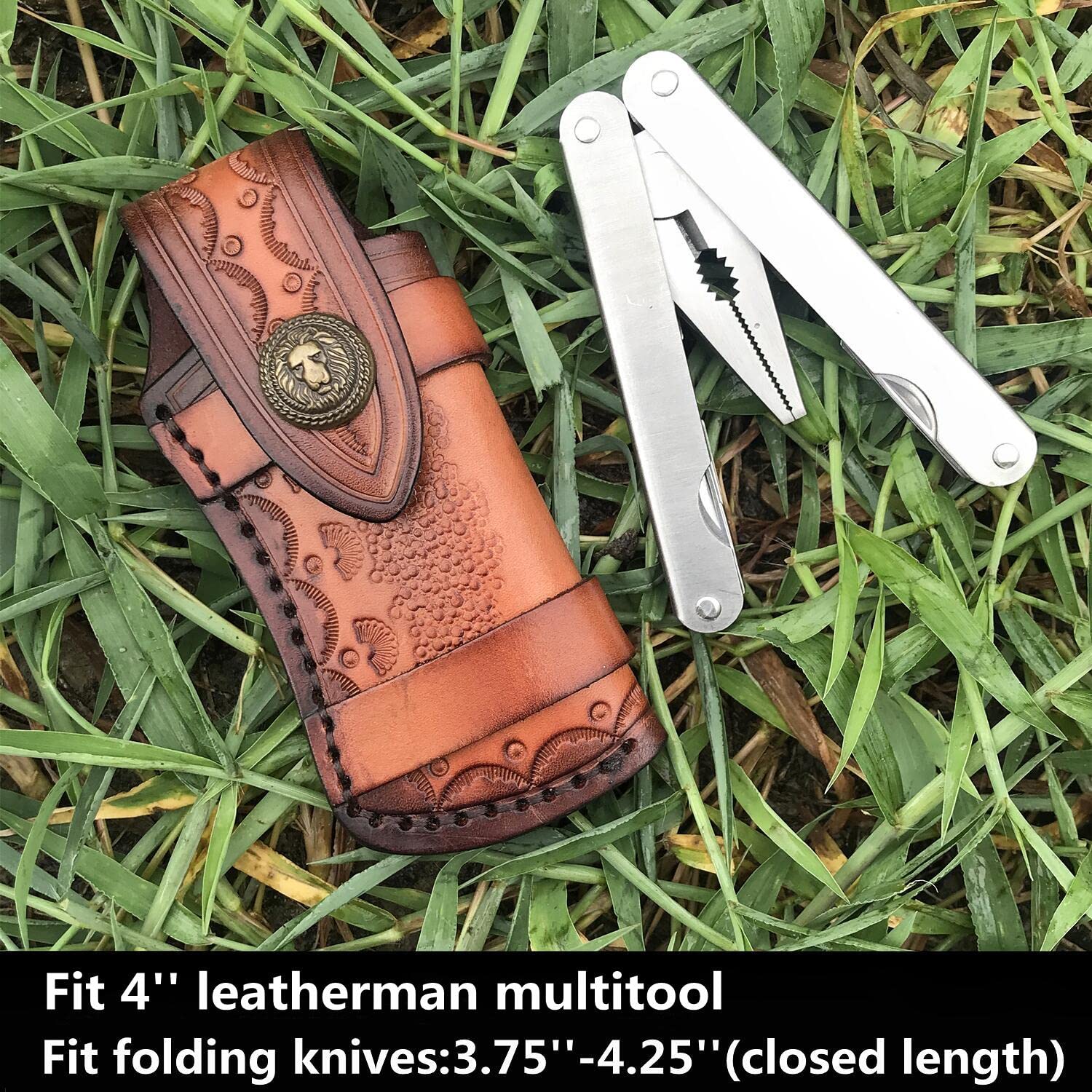 COHOMELARS 4.25'' Genuine Leather Pocket Knife Sheath,Horizontally Carry Snap Case for Leatherman Wave,Full Grain Leather Knife Pouch for Small Folding Knife,EDC Knife Holster Belt Loop Brown