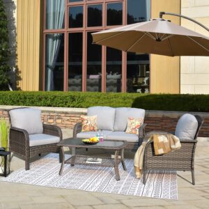 xizzi 4 pieces outdoor wicker patio furniture set, all weather rattan high back loveseat with cushions, coffee table and armchairs, modern garden or backyard lounge set (grey rattan-grey cushion)