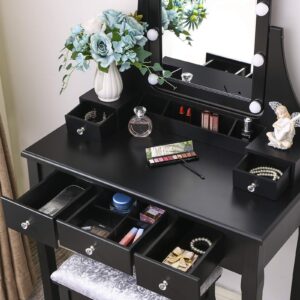 BEWISHOME Vanity Set with Lighted Mirror, 10 LED Dimmable Bulbs, Cushioned Stool, Makeup Vanity Makeup Table Dressing Table 5 Drawers 2 Dividers Removable Organizers Black FST08H