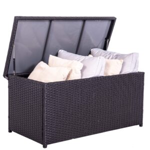 Aura Outdoor Patio Pool Wicker Storage Box, 70 Gallon Outdoor Cushion Storage Container, Outdoor Storage Bin for Cushins, Garden Supplies - PE Wicker Rattan, Aluminum, Black