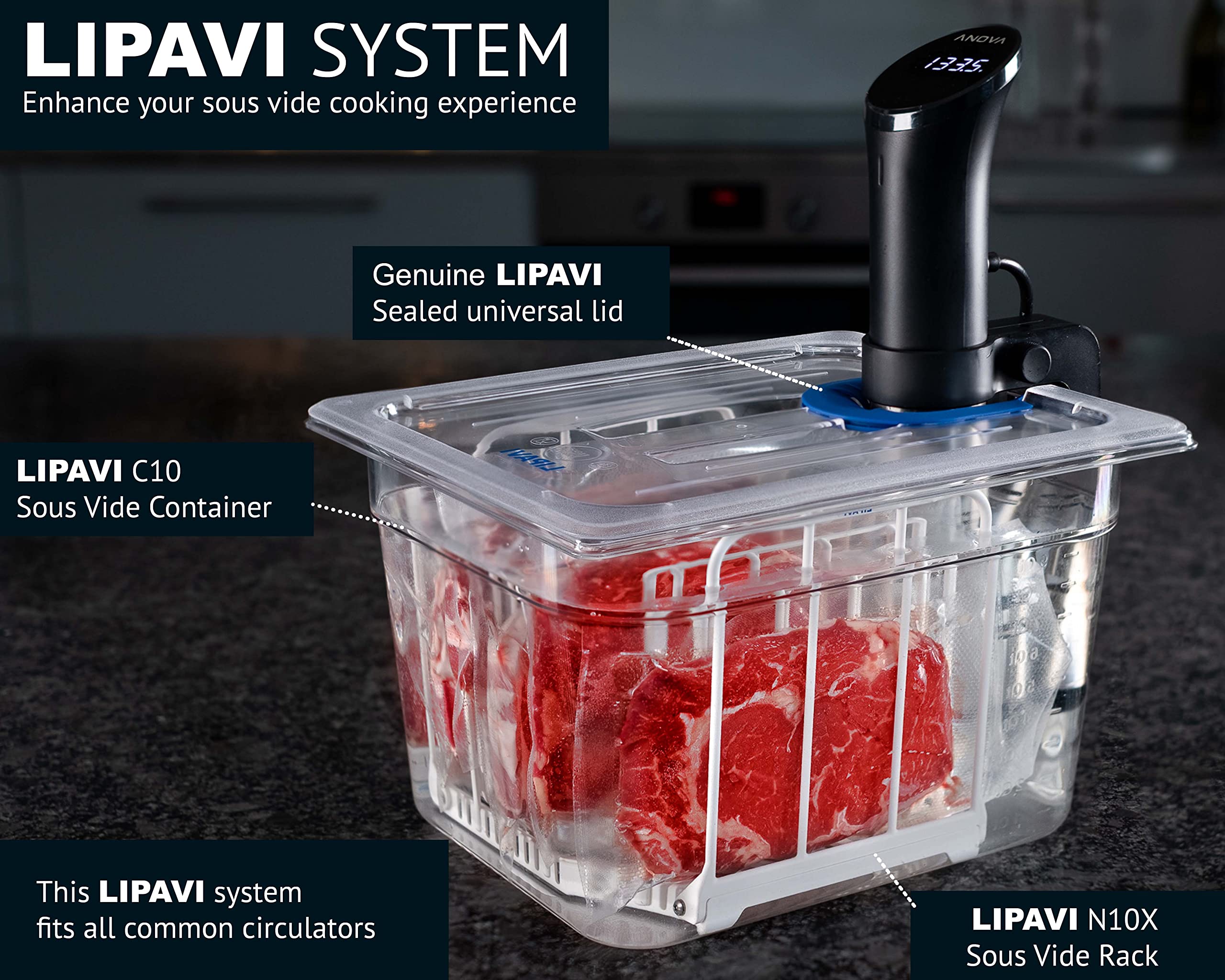 LIPAVI Sous Vide System Model NXC15-UNIR - with C15 Container, N15X Rack and an Universal lid - fits virtually any sous vide machine up to 2.755 inches (70mm) in diameter