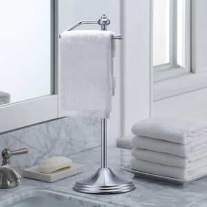 SunnyPoint Heavy Weight Classic Decorative Metal Fingertip Towel Holder Stand for Bathroom, Kitchen, Vanity and Countertops; Hanging Bar is 14.2" Height (Satin Nickel, 15.6" x 5.6" x 5.6")